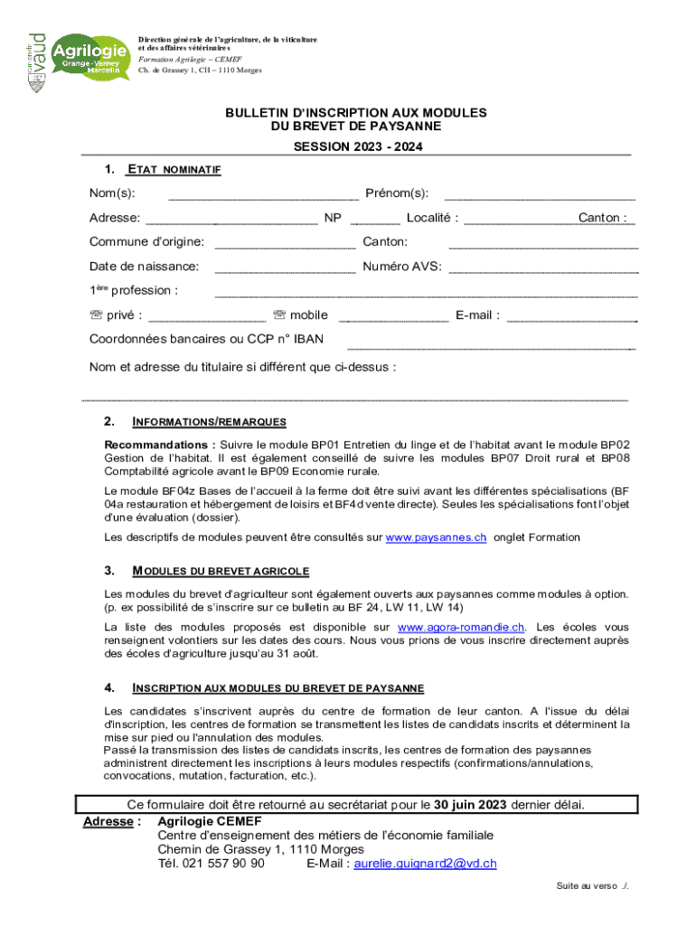 Remplissable en ligne Form. d\'inscription agricole Fax Email Imprimer - pdfFiller