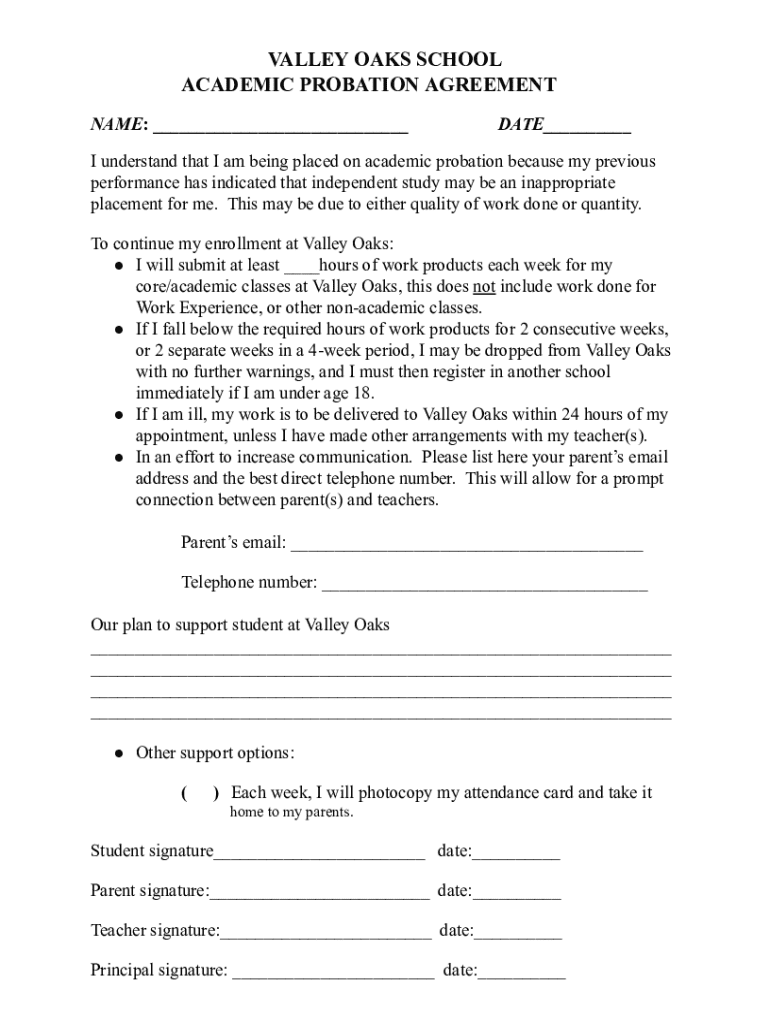 Fillable Online Valley Oaks School Academic Probation Agreement 2023 ...