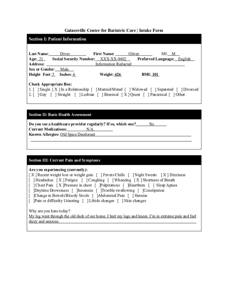 Fillable Online Gainesville Bariatric Care Intake Form 2023 Fax Email ...