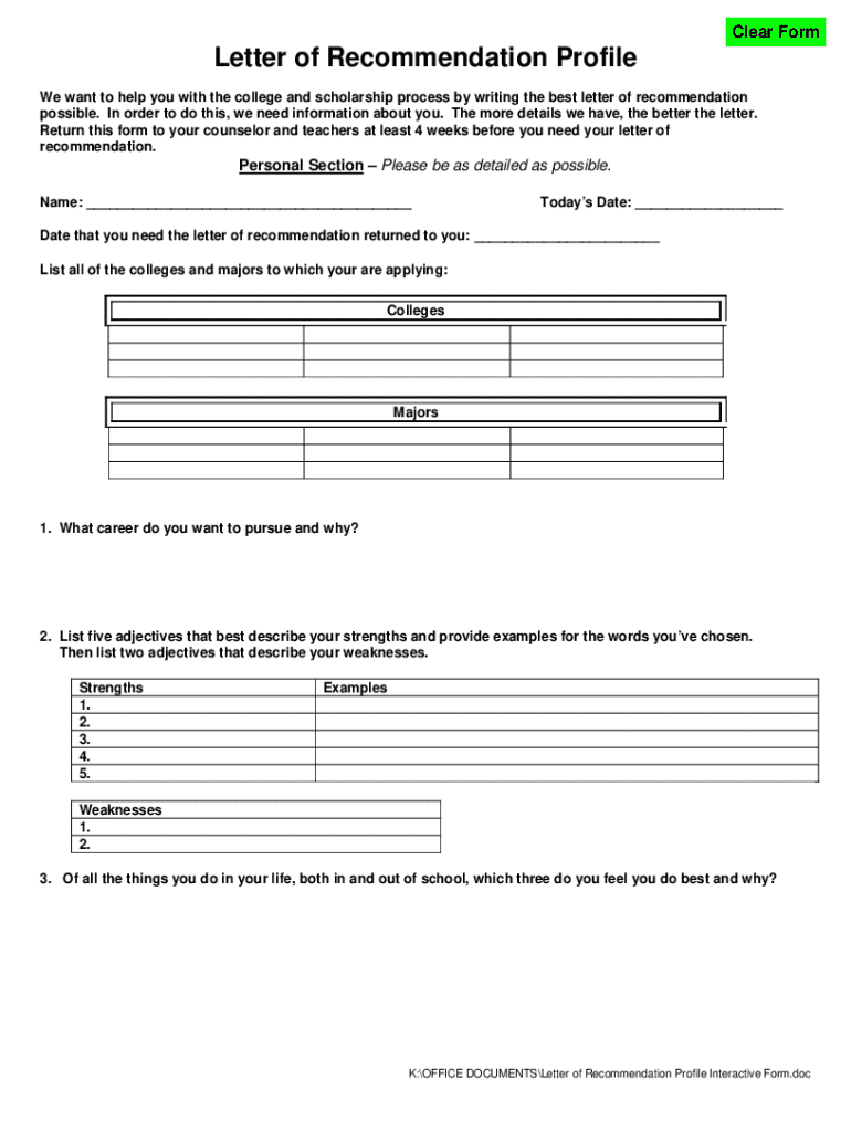 Fillable Online 2023 Letter of Recommendation Profile for College ...
