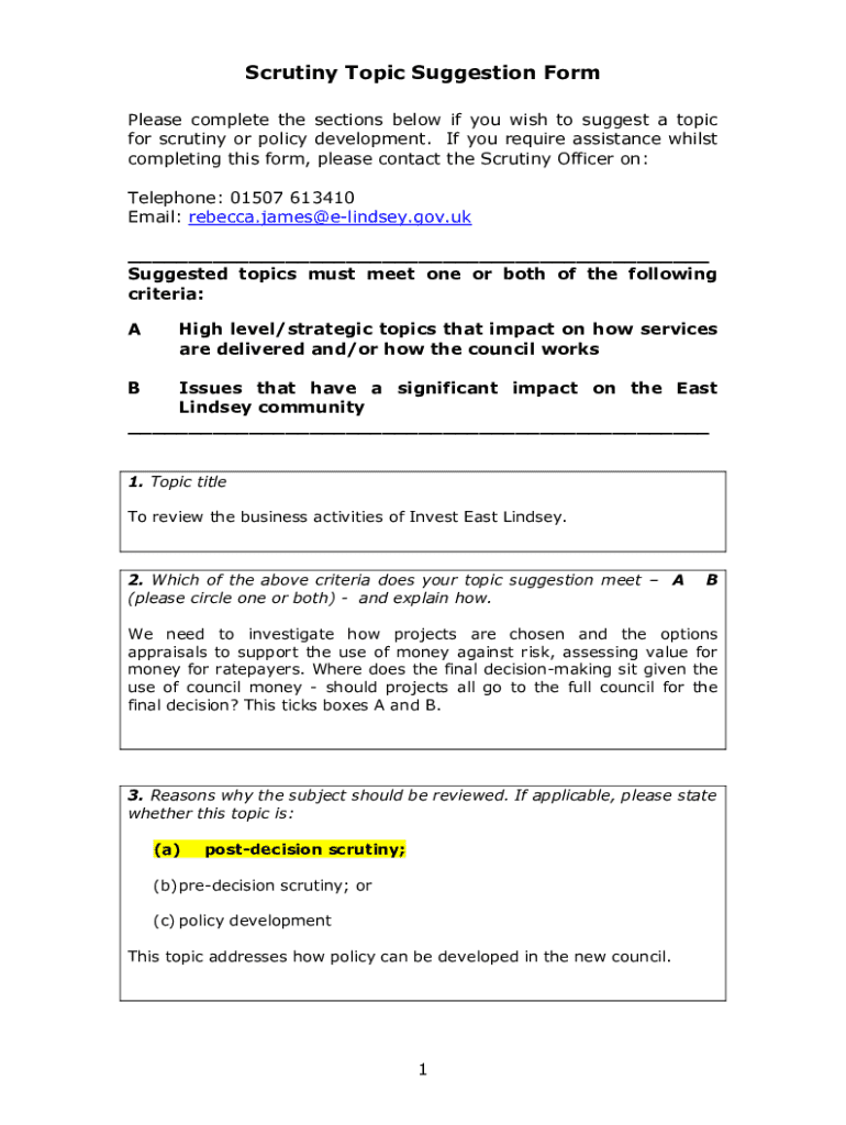 Fillable Online Scrutiny Topic Suggestion Form 2023 - Impacting East ...