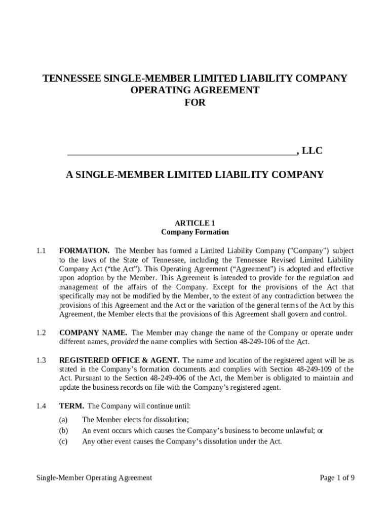 Tennessee Single-Member LLC Operating Agreement ...