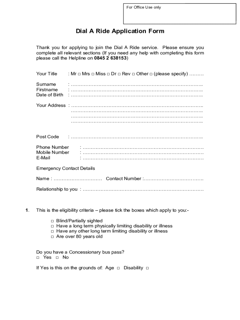 Fillable Online Dial a Ride Application Form 2023 - Join Our Accessible Transport Service Fax ...