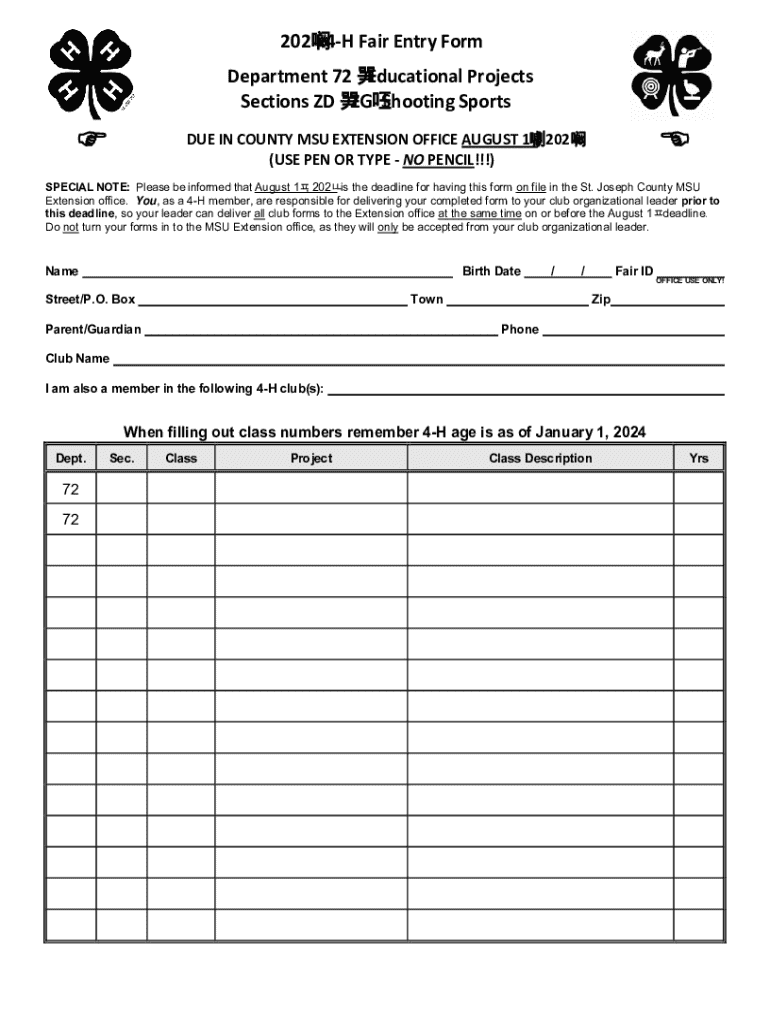 Fillable Online 2024 4-h Fair Entry Form - Educational Projects ...