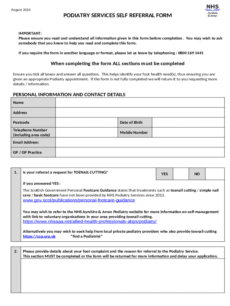 Self-referral - Podiatry Doc Template | pdfFiller