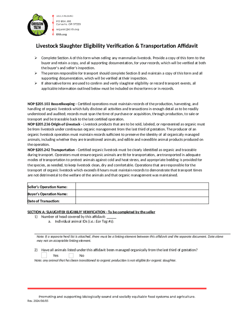 Livestock Slaughter Eligibility Verification & Transportation Affidavit ...