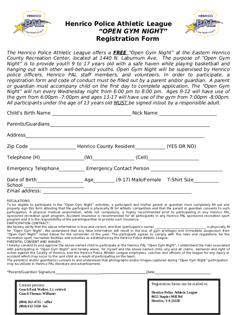 henrico police athletic league code of conduct/gym rules Doc Template | pdfFiller