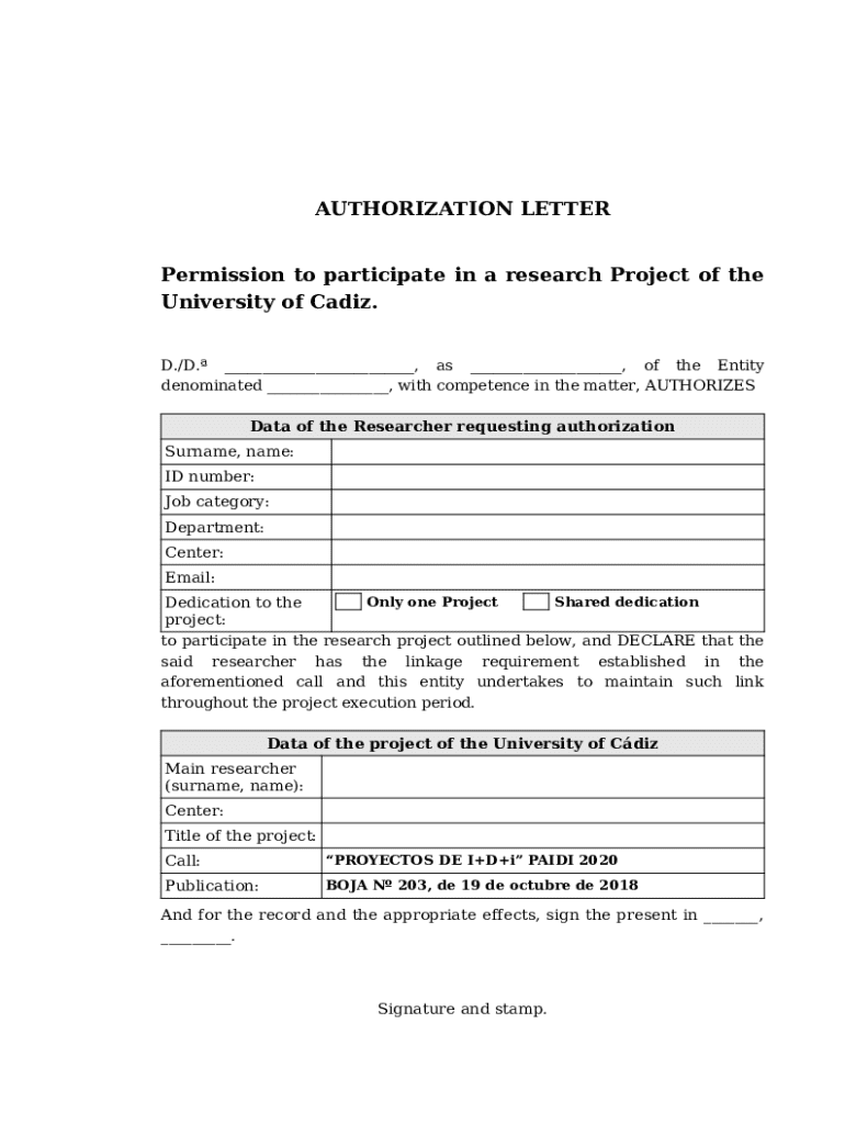 Sample Letter of Authorization/Cooperation (Permission ... - IRB Doc Template | pdfFiller