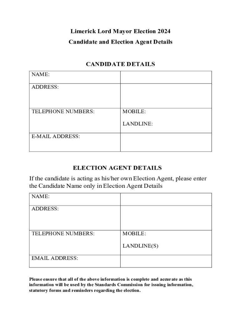 Fillable Online Limerick Lord Mayor Election Candidate Details 2024 Fax ...