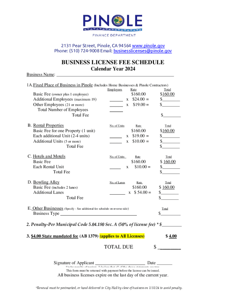 Fillable Online Pinole Business License Fee Schedule 2024 ...