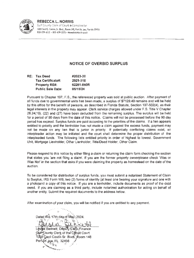 Fillable Online TD#2023-30 SURPLUS CLAIM FORM. TD#2023-30 SURPLUS CLAIM ...