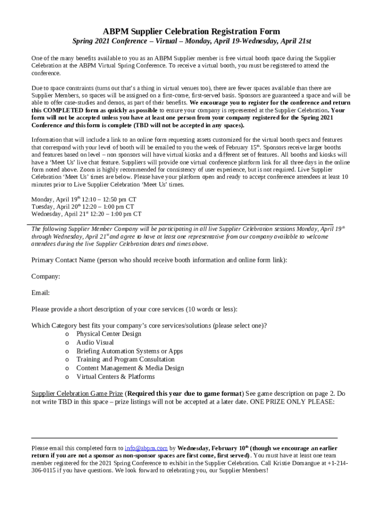 ABPM Supplier Celebration Registration Doc Template | pdfFiller