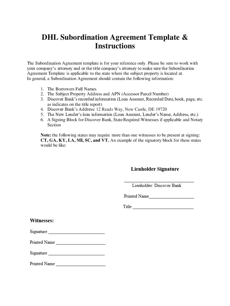 Fillable Online DHL Subordination Agreement Template & Instructions Fax Email Print - pdfFiller
