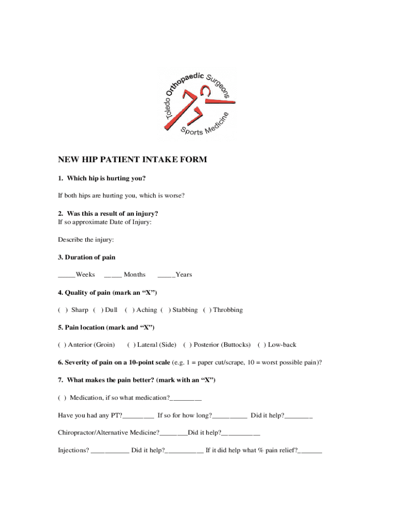 Fillable Online new hip patient intake form - Pro Sport and Spine ...