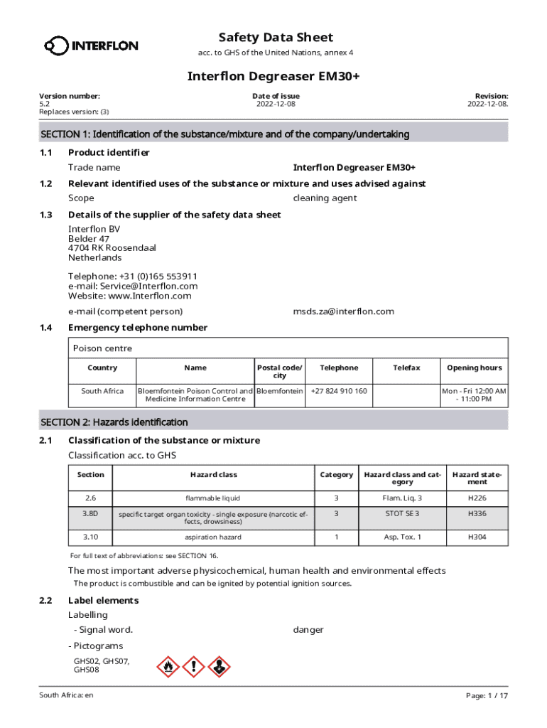 Fillable Online Interflon Degreaser EM30+ (Aerosol) - Safety Data Sheet ...