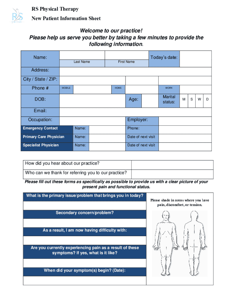 Fillable Online RS Physical Therapy New Patient Information Sheet ...