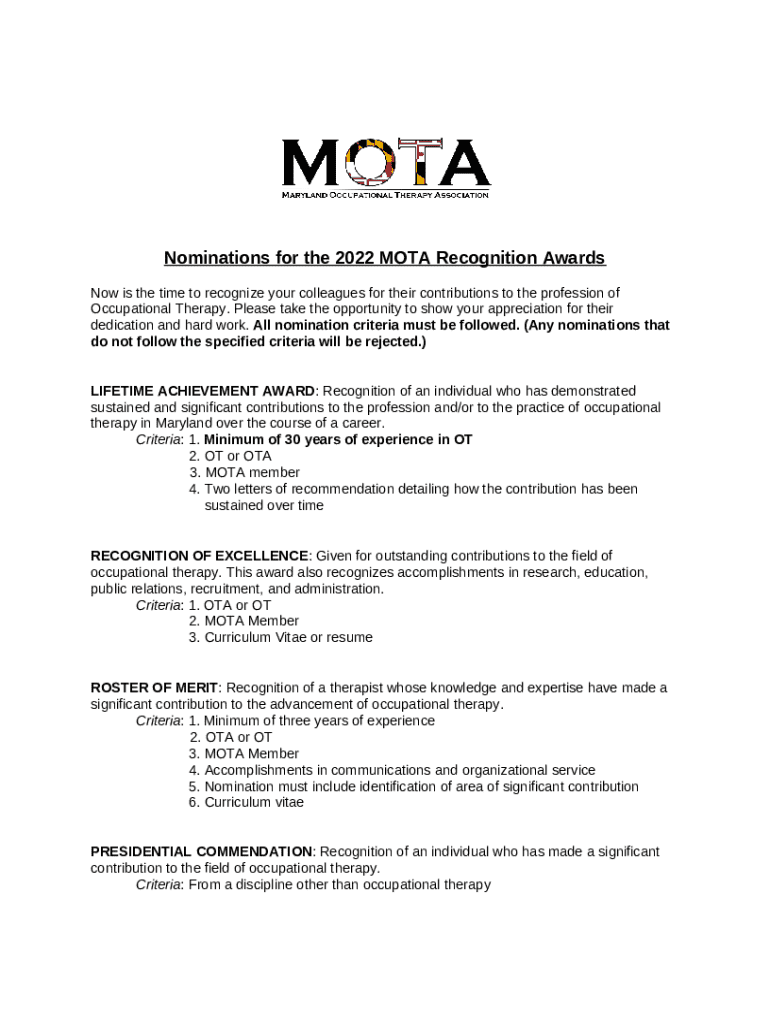 Recognition AwardsMOTA Doc Template | pdfFiller