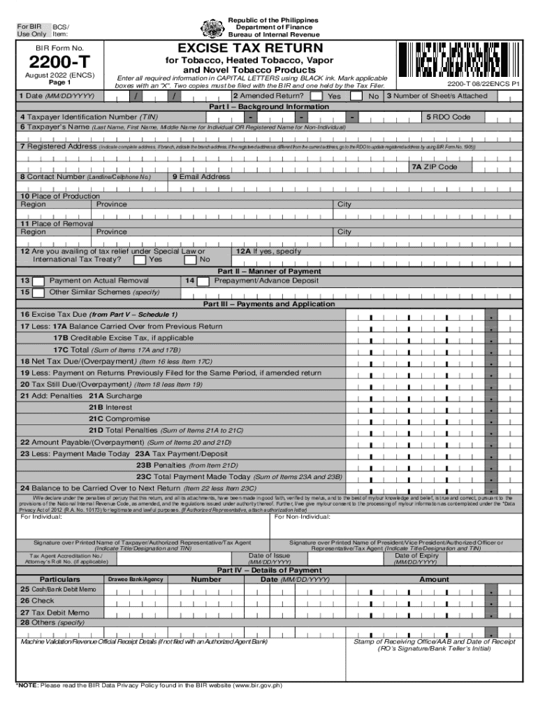 Fillable Online Excise Tax Return for Tobacco Products 2022 Fax Email ...