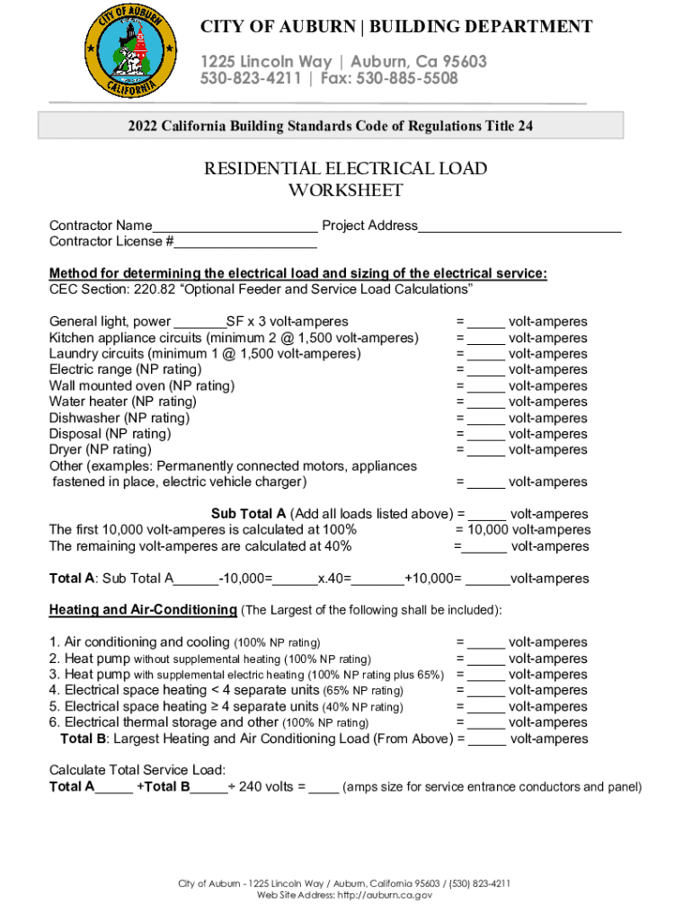 Fillable Online RESIDENTIAL ELECTRICAL LOAD WORKSHEET CITY OF ... Fax ...