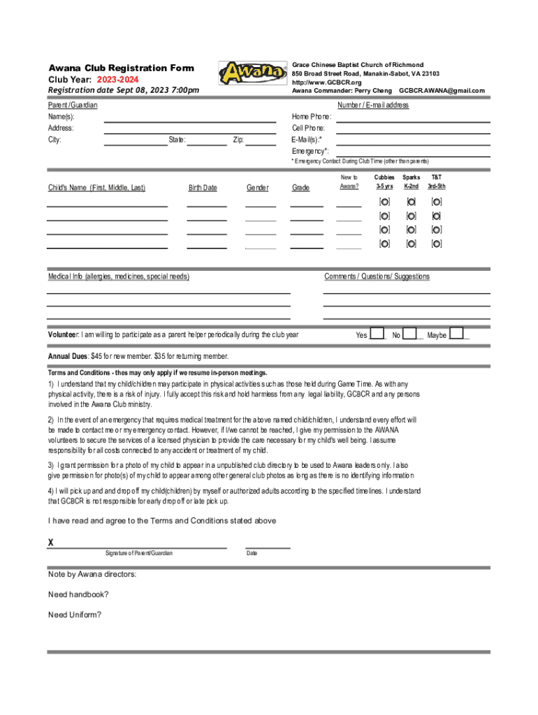 Fillable Online Awana Club Registration Form Club Year: 2024-2025 Fax ...