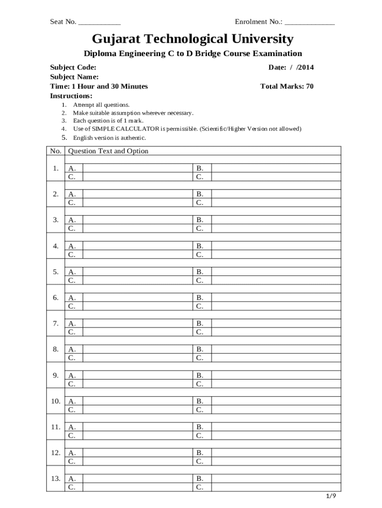 Gujarat Technological University Diploma Engineering C to ... Doc Template | pdfFiller