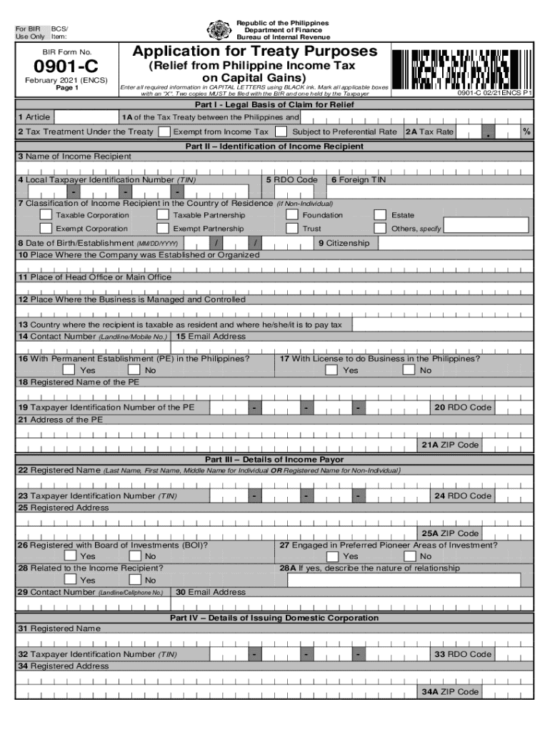 Fillable Online Application for Treaty Purposes - Relief From Philippine Income Tax on Capital ...