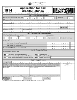Fillable Online Application for Tax Credits/refunds Bir Form 1914 ...