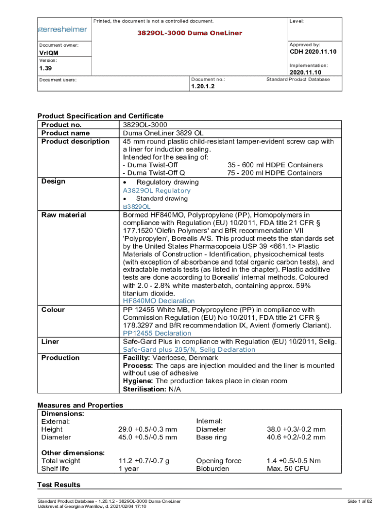 Fillable Online Product Specification and Certificate Product no ...