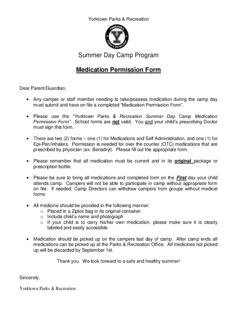 Fillable Online Yorktown Summer Day Camp Medication Permission Form ...