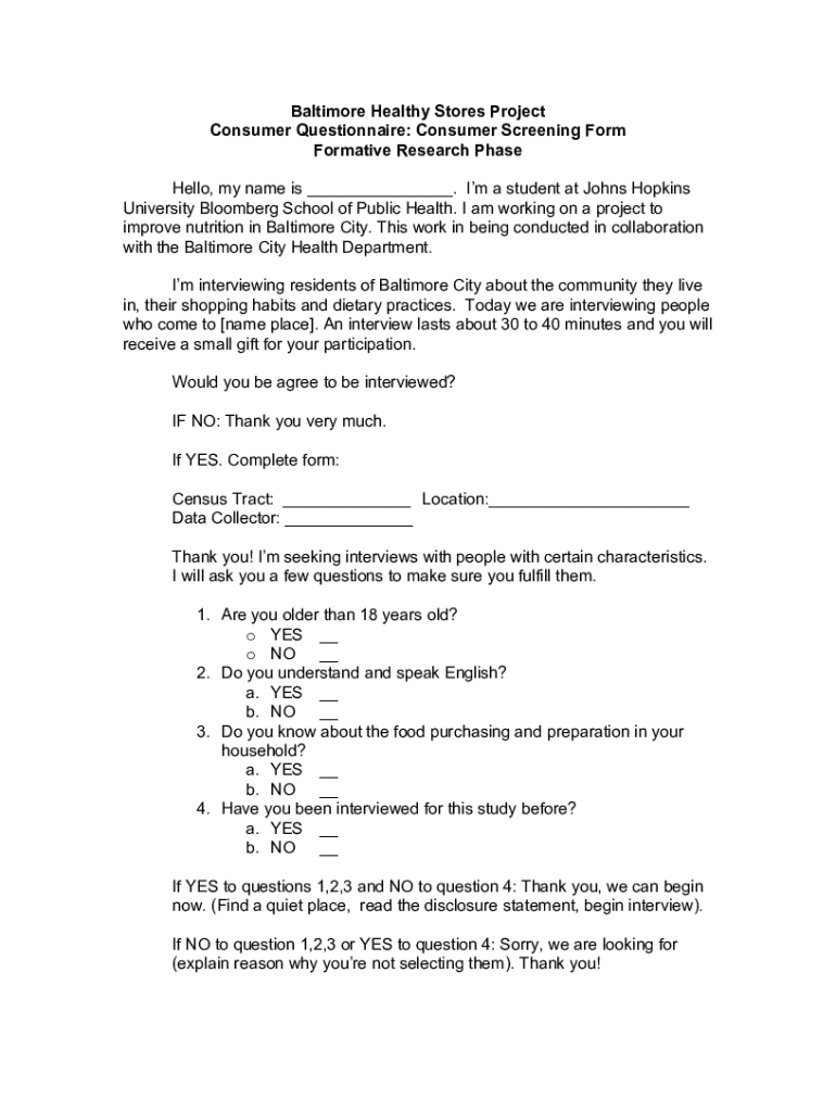 Fillable Online Baltimore Healthy Stores Project Consumer Questionnaire ...