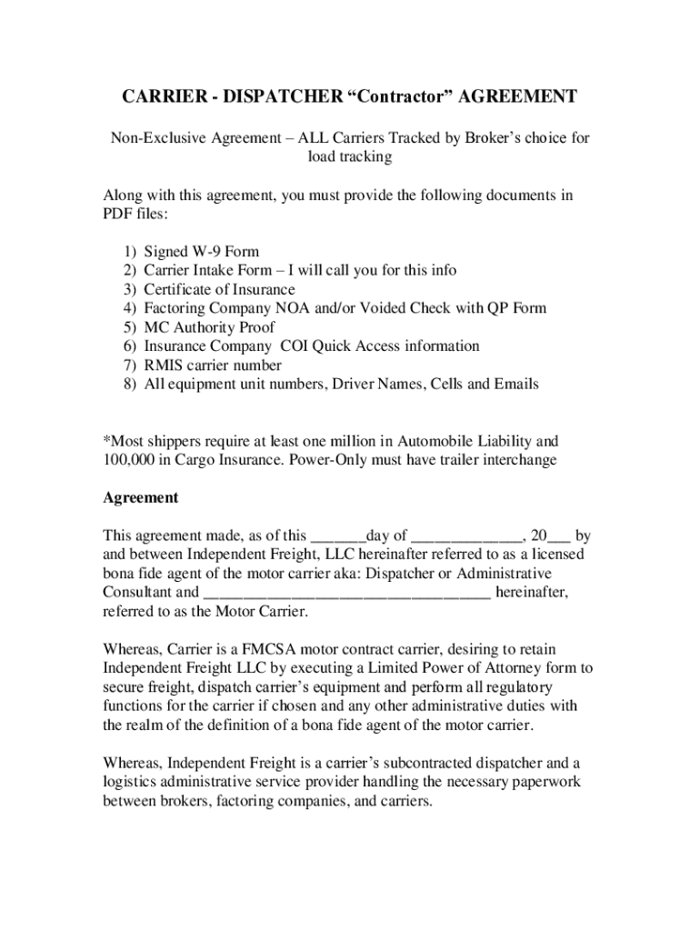 Fillable Online CARRIER DISPATCH/ADMIN AGREEMENT Fax Email Print ...