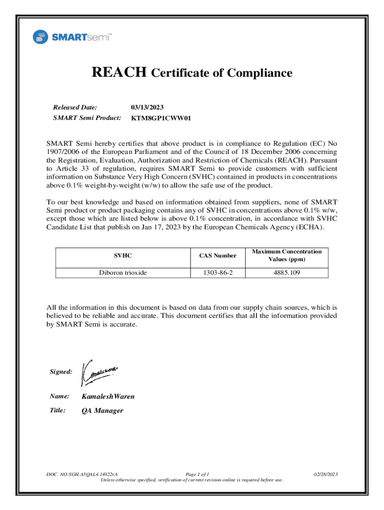 Fillable Online ALL,FORM; SMART Semiconductor REACH Certificate of ...