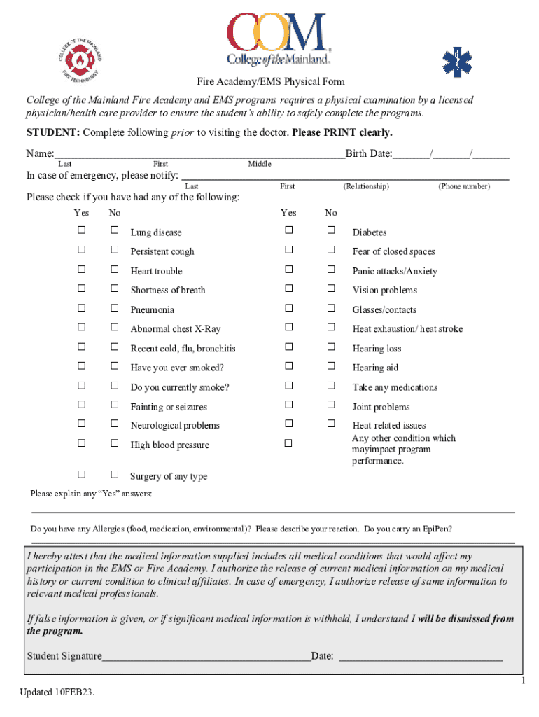 Fillable Online Fire Academy/EMS Physical Form Fax Email Print - pdfFiller