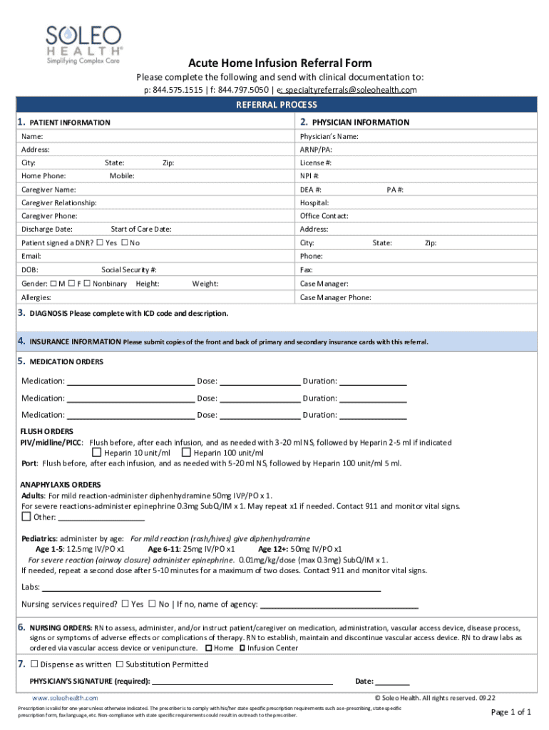 Fillable Online Acute Home Infusion Referral Form Fax Email Print ...