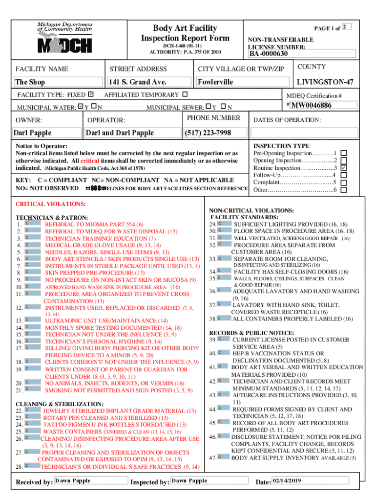 Fillable Online Body Art Facility Inspection Report Form.doc Fax Email ...