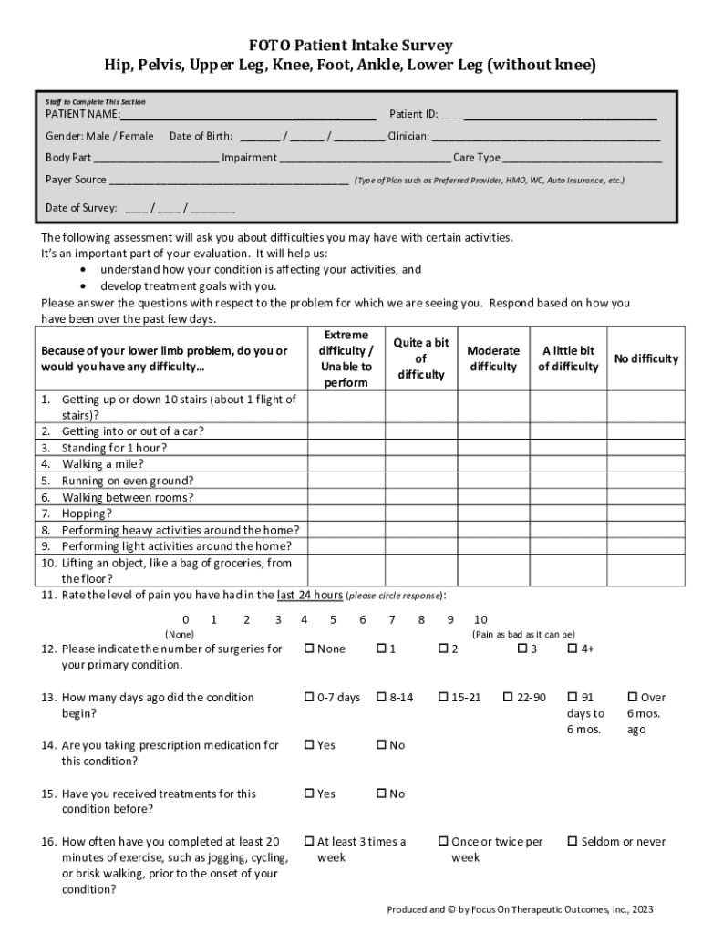 Fillable Online FOTO Patient Intake Survey Hip, Pelvis, Upper Leg, Knee ...
