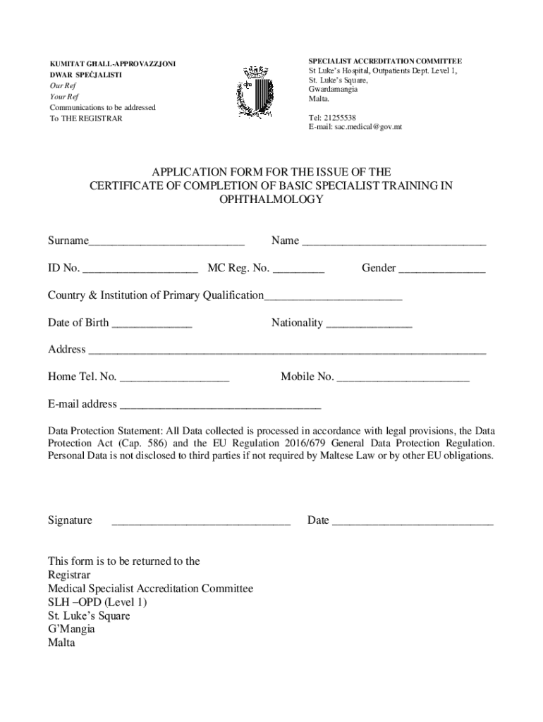 Fillable Online Ophthalmology Specialist Training Completion Certificate Application 2023 Fax ...