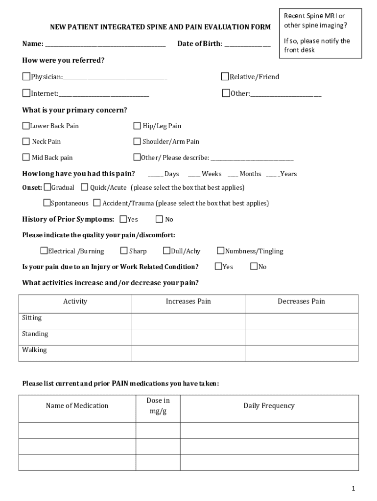 Fillable Online new patient integrated spine and pain evaluation form ...