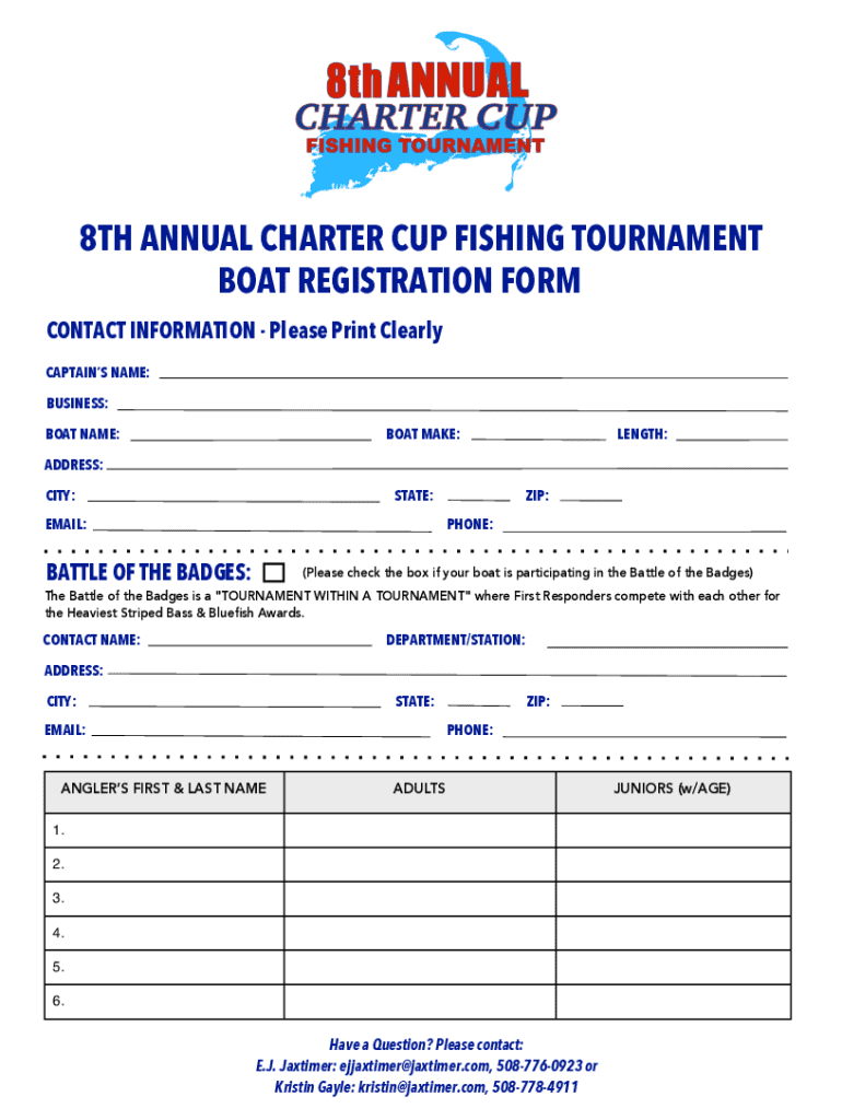 Fillable Online Charter Cup Fishing Tournament Boat Registration Form ...