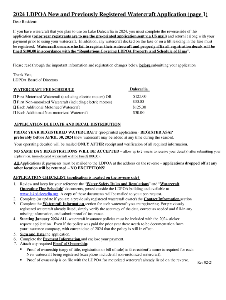 Fillable Online 2024 LDPOA New and Previously Registered Watercraft ...