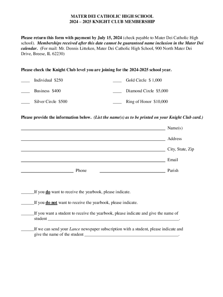 Fillable Online 2025 KNIGHT CLUB MEMBERSHIP Please return this form ... Fax Email Print - pdfFiller