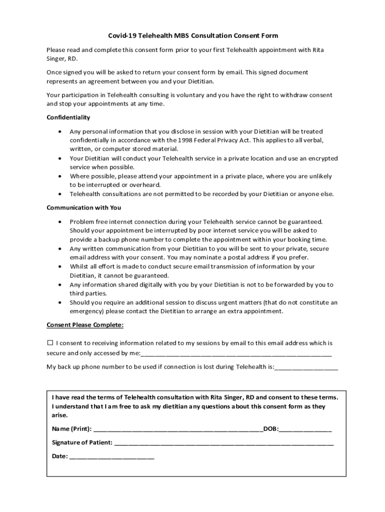Fillable Online Covid-19 Telehealth MBS Consultation Consent Form Fax ...