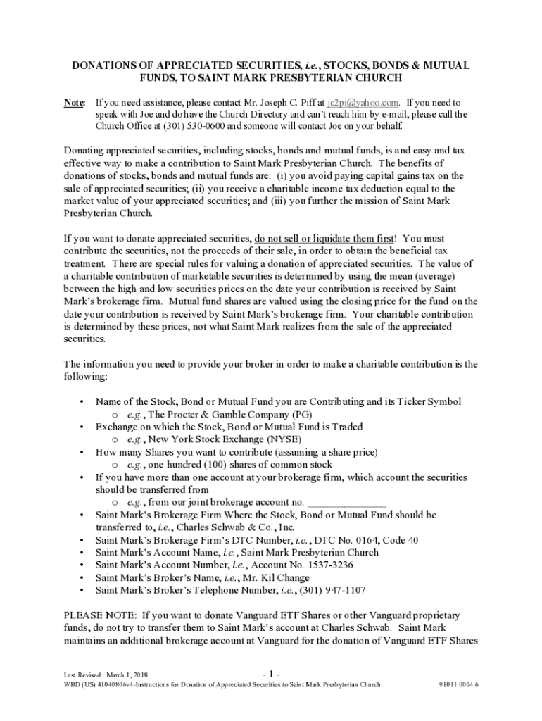 Fillable Online Donating Appreciated Securities to Saint Mark Presbyterian Church - 2018 Fax ...