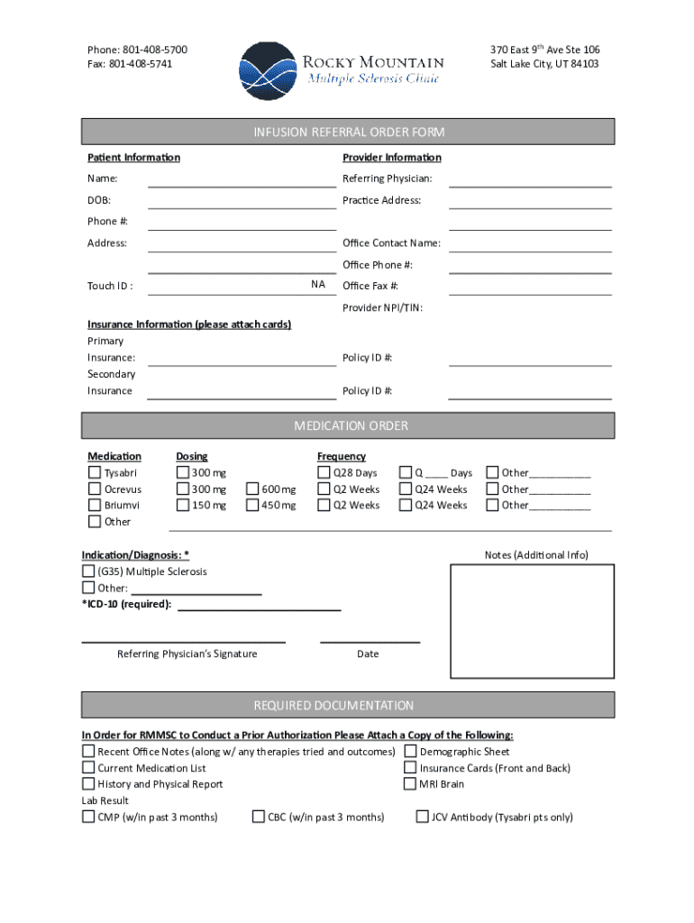 Fillable Online INFUSION REFERRAL ORDER FORM Fax Email Print - pdfFiller