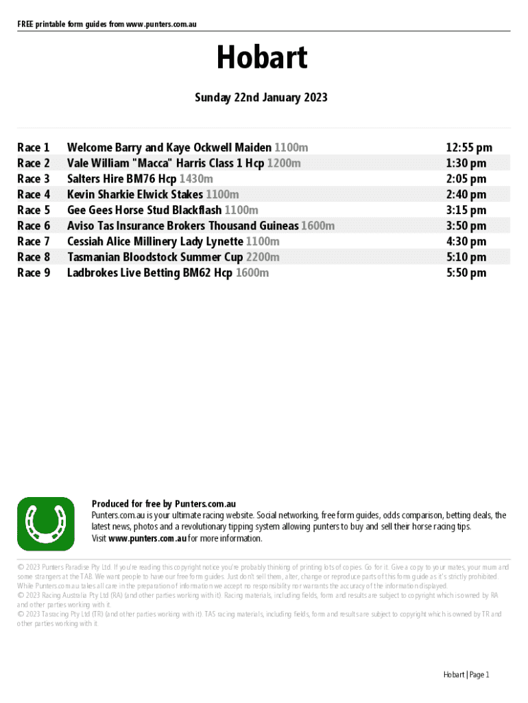 Fillable Online Hobart Printable Form Guide - Sunday 22nd January 2023 ...