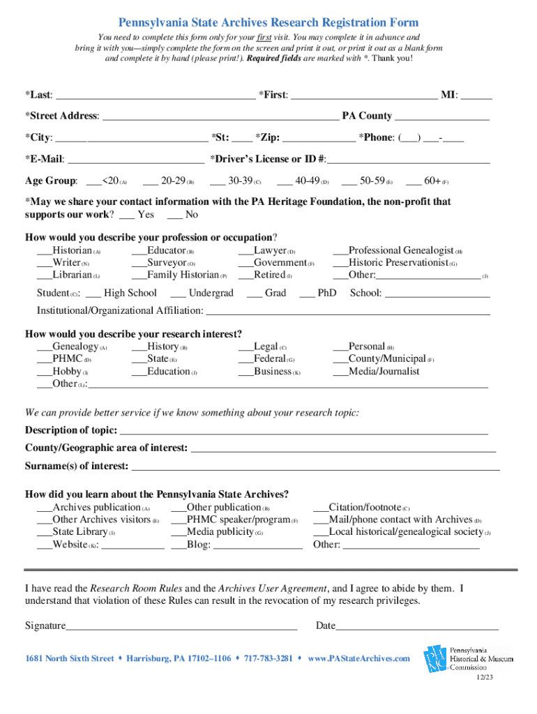 Fillable Online Pennsylvania State Archives Researcher Registration ...