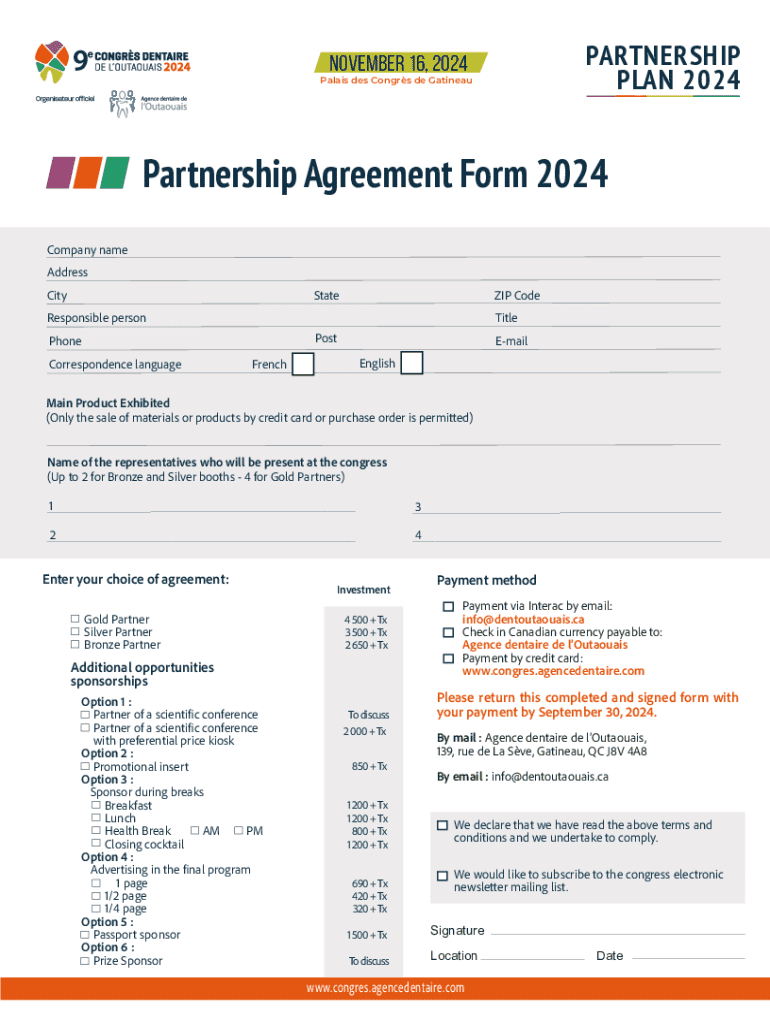 Fillable Online Partnership Agreement Form 2024 - congres-dentaire ...