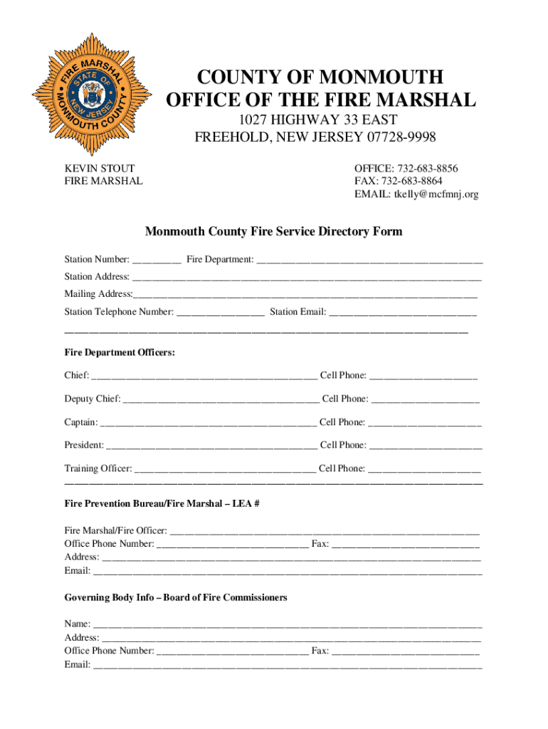 Fillable Online Monmouth County Fire Service Directory Form 2023 Fax ...