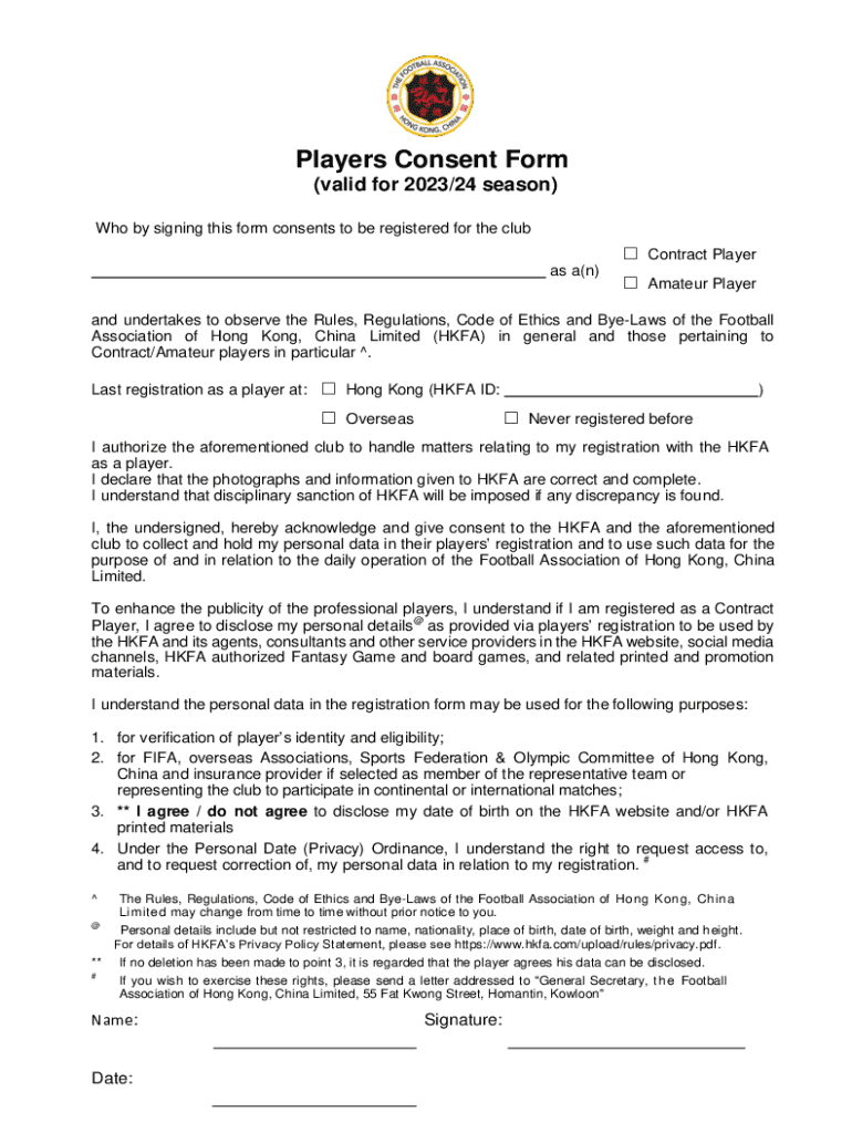 Fillable Online Players Consent Form 2023/24 Season - Hkfa Registration ...