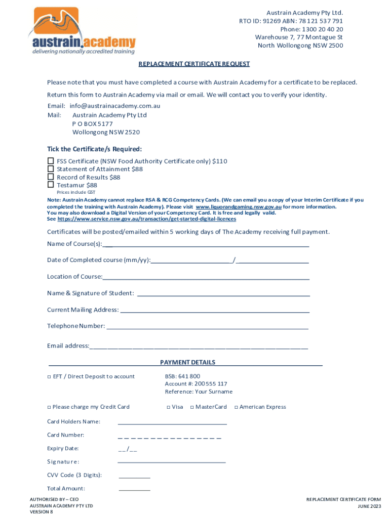 Fillable Online Replacement certificate request form ... Fax Email Print - pdfFiller